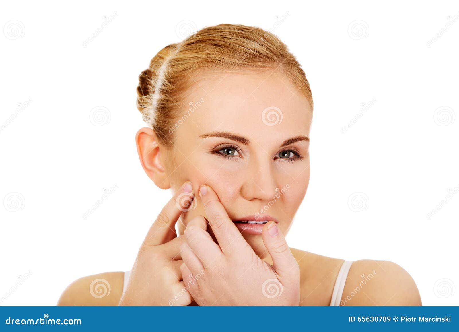 Unhappy Young Woman Squeezing Pimple on Face Stock Image - Image of ...