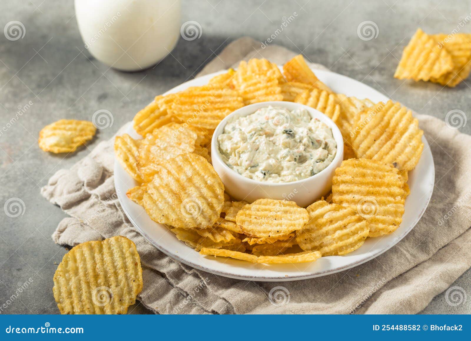 Unhealthy Potato Chips and Dip Appetizer Stock Photo - Image of crispy ...
