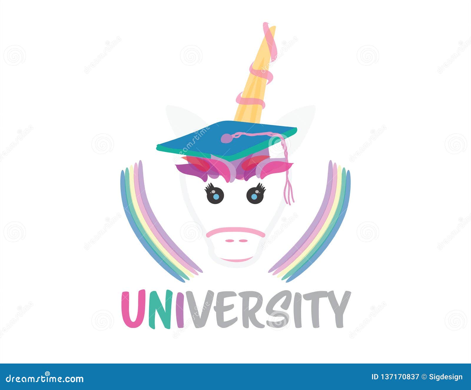 Unicorn with Student Cap, Rainbos and Colorful Text Stock Vector ...