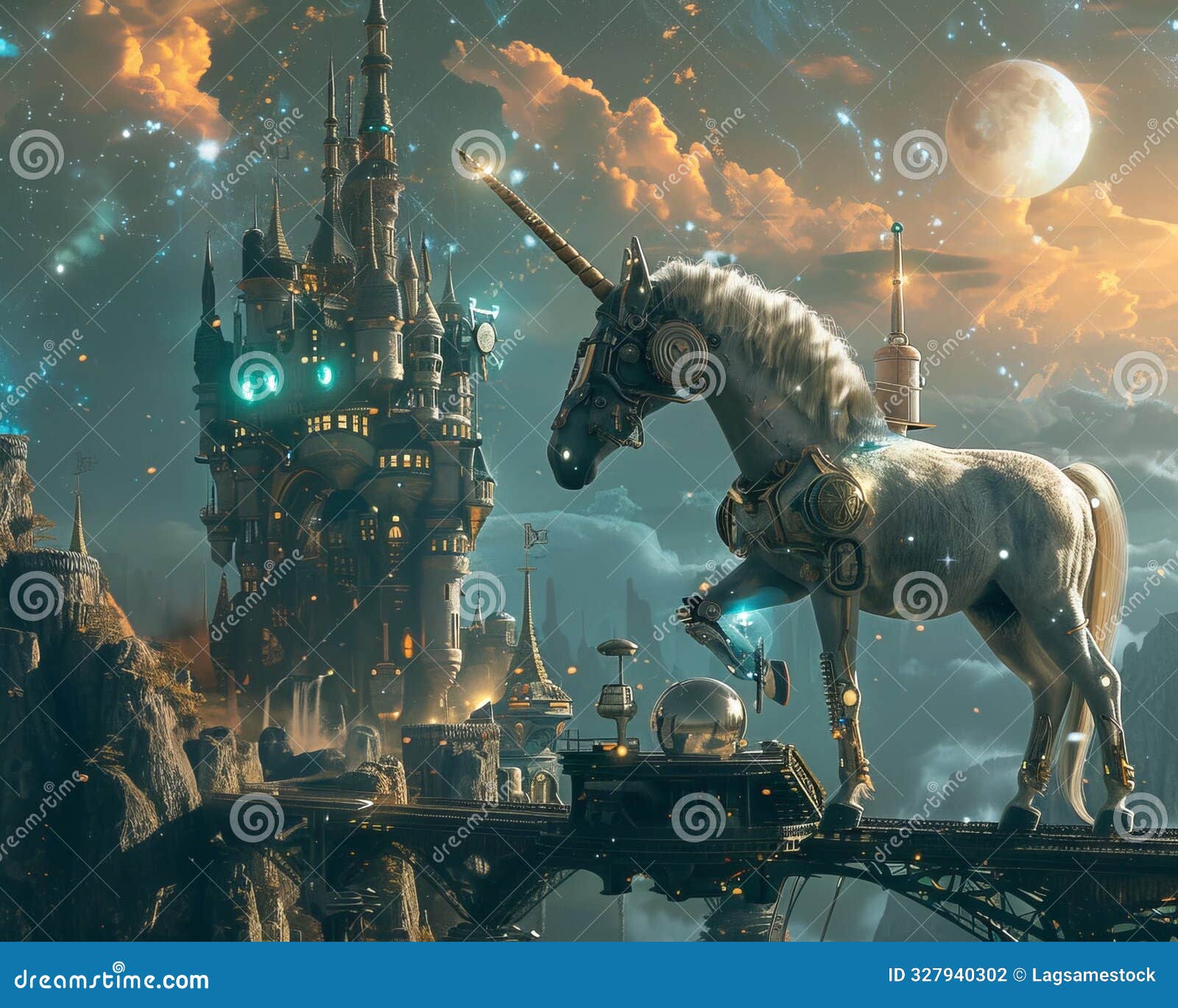 A Unicorn and an Android Wizard Standing beside a Time Machine in a ...