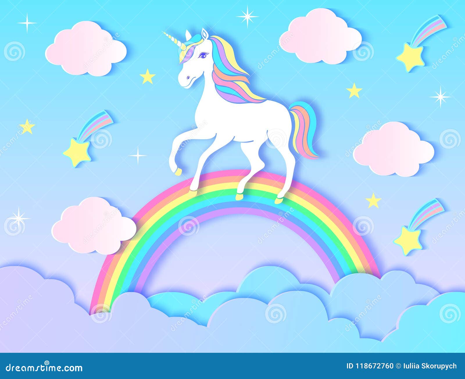 Unicorn, Clouds,rainbow and Stars Stock Vector - Illustration of eyes ...