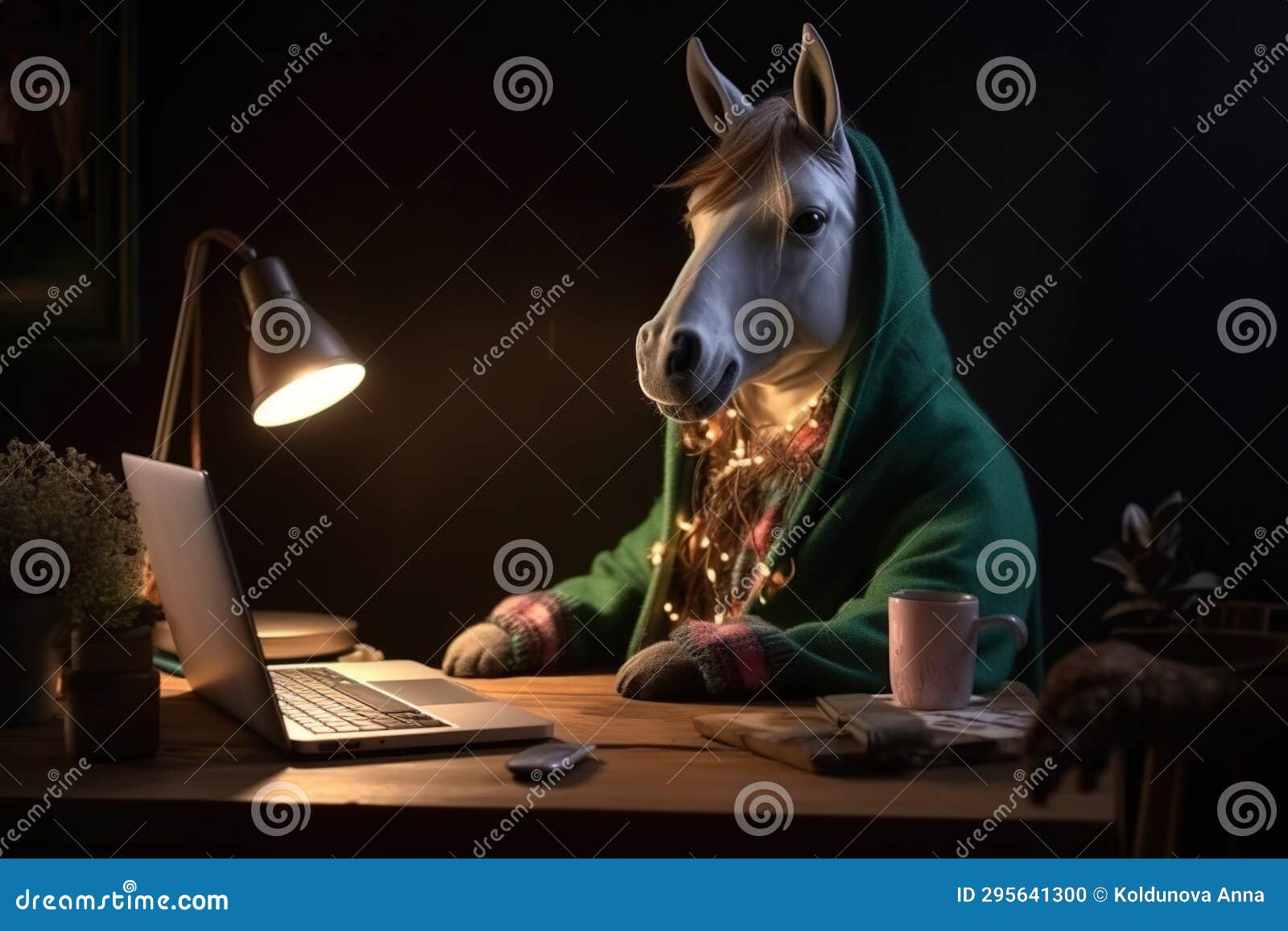Unicorn Dressed Working at Night Sitting with Lamp Having a Lot of ...