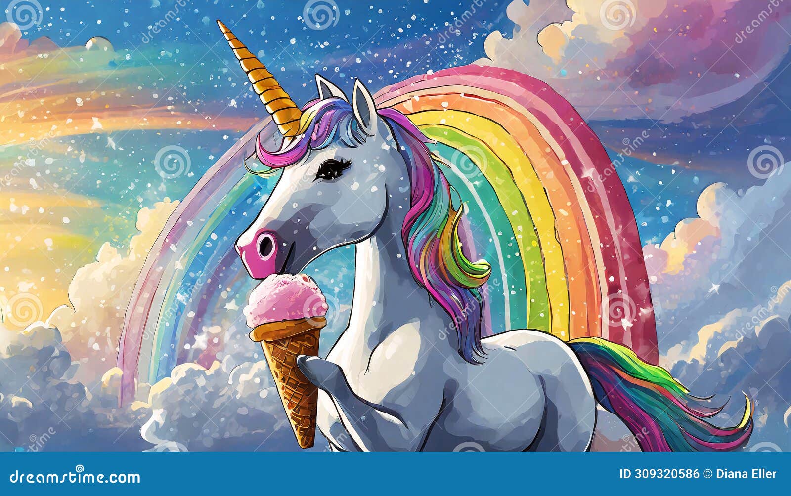 Unicorn Eating Ice Cream in Cone with Rainbow and Clouds Stock ...
