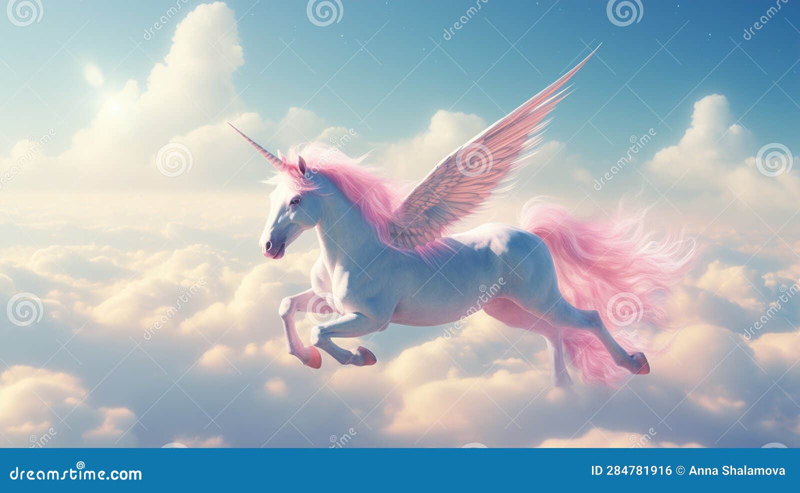 Unicorn flying in the sky stock illustration. Illustration of surreal ...
