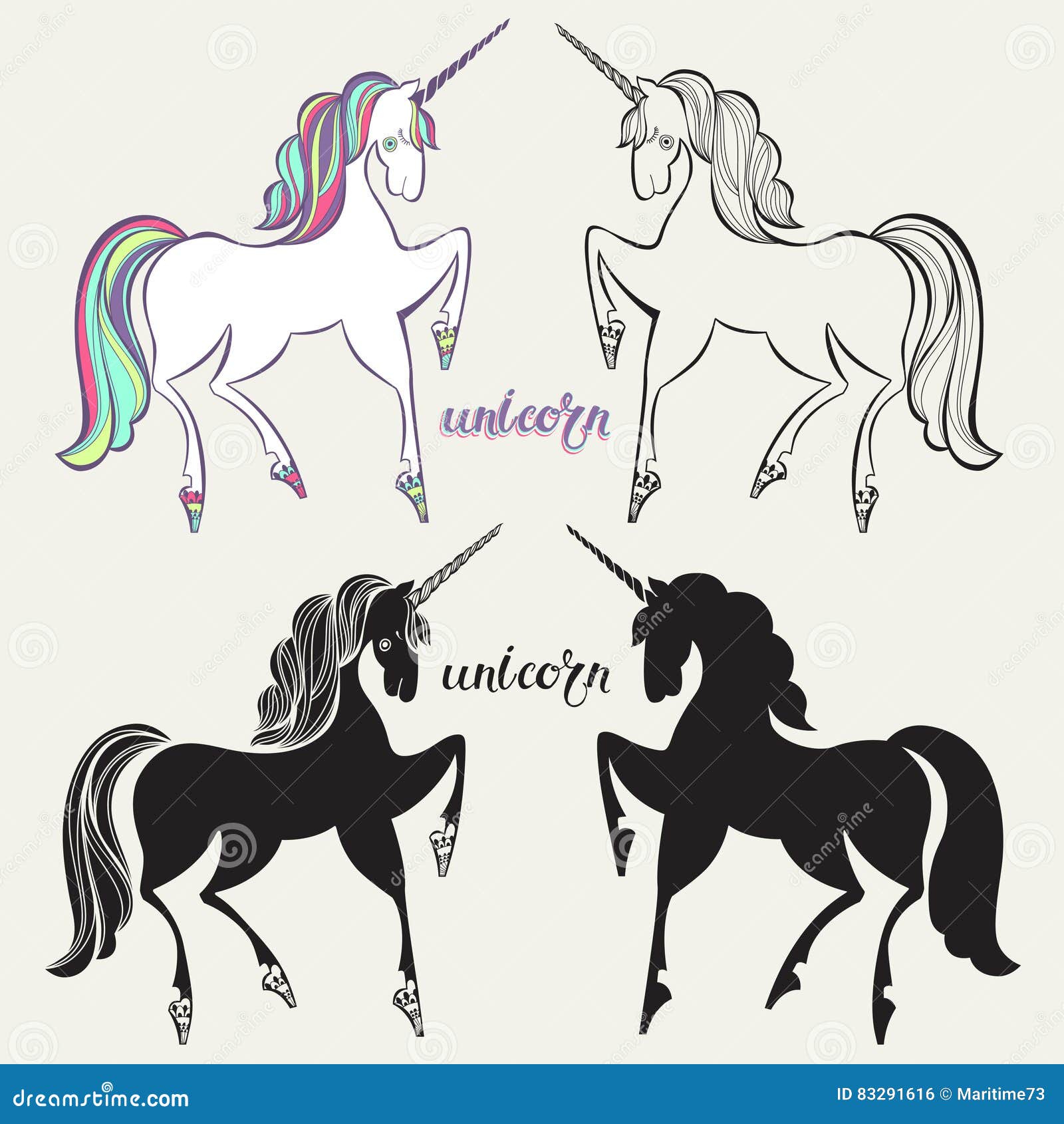 Unicorn. Four Different Variants: Silhouette, Outline, Color ...