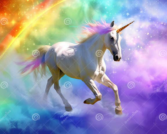 Unicorn Galloping Across a Rainbow Stock Illustration - Illustration of ...