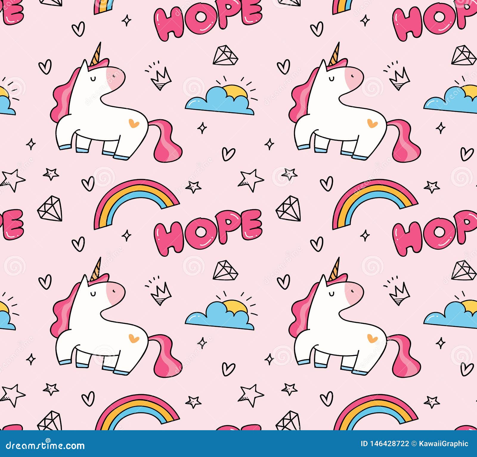 Unicorn And Rainbow Seamless Pattern In Kawaii Style Vector Stock