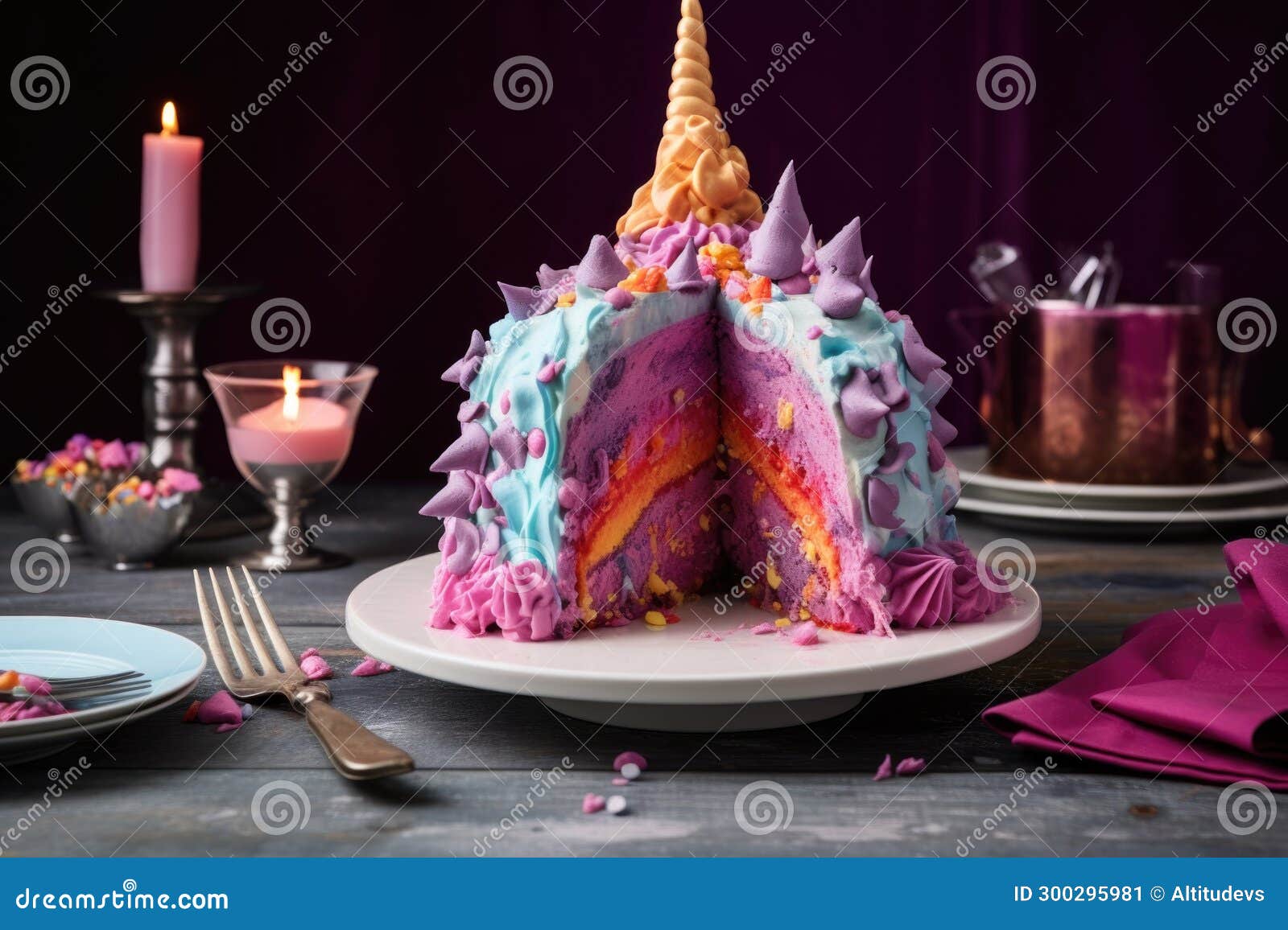 A Unicorn-shaped Cake with a Slice Taken Out Stock Image - Image of ...