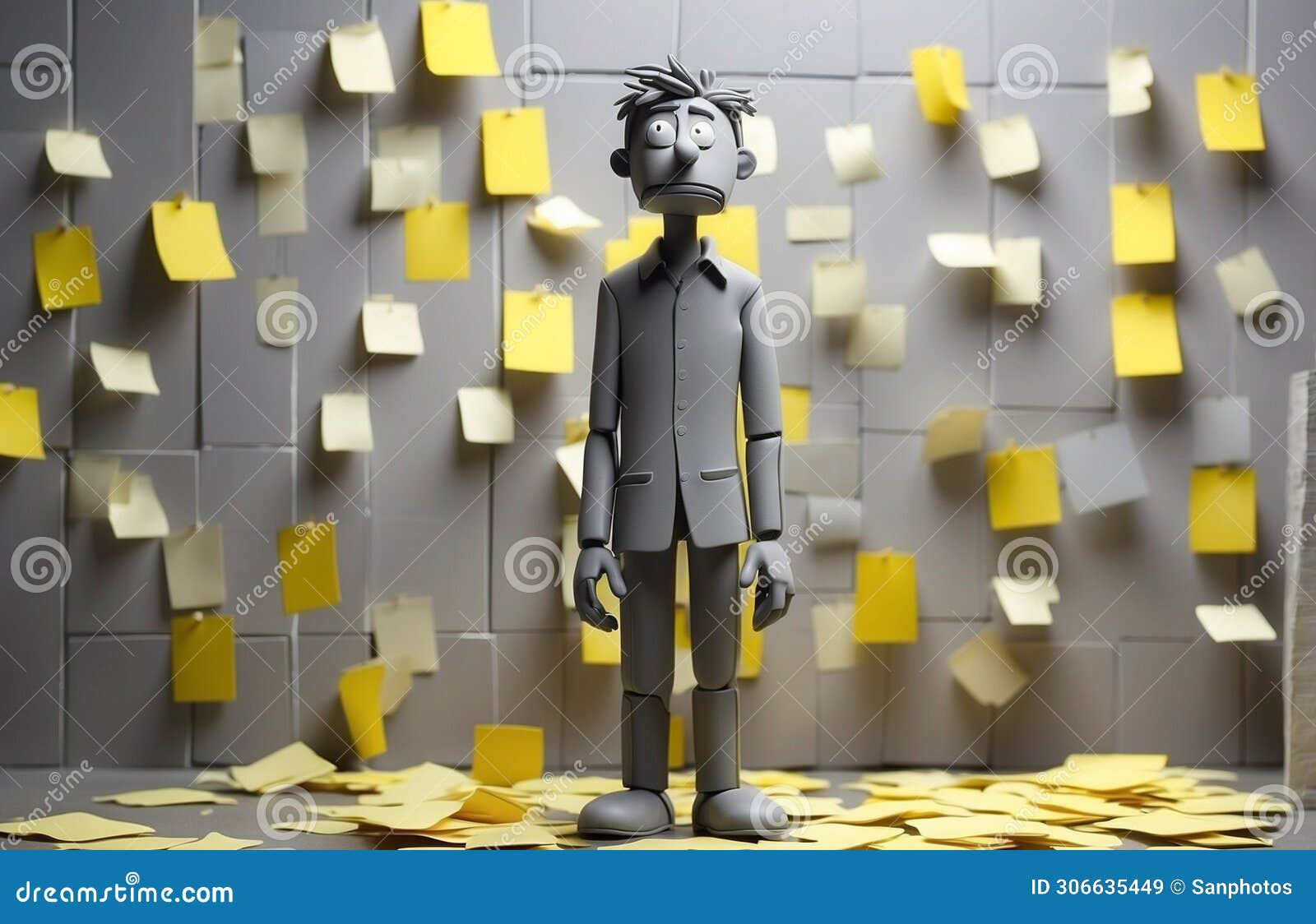 Overwhelmed: Puppet Standing in Front of a Wall of Tasks Stock ...