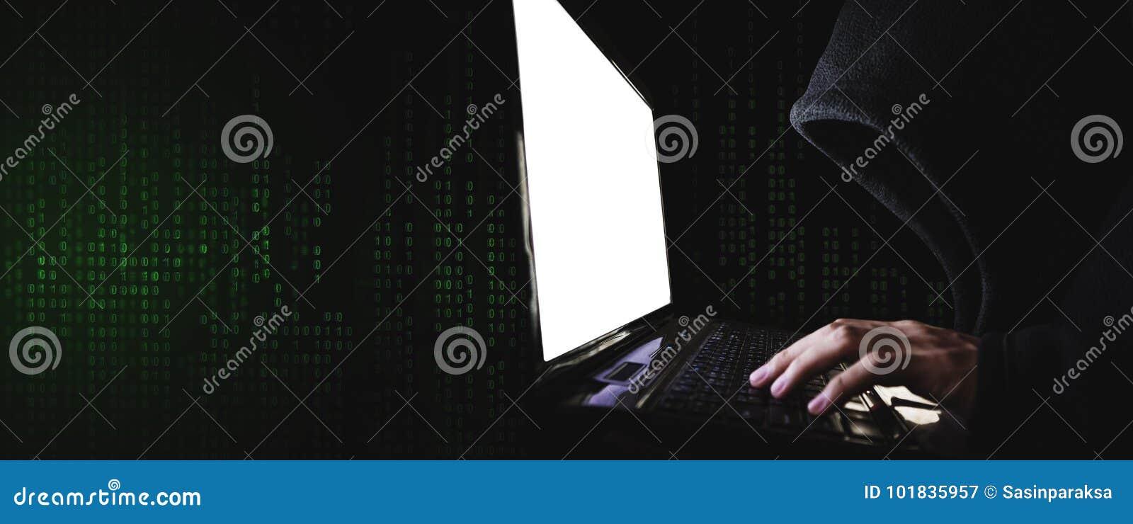 Unidentified Hacker in Black Hood Using Laptop Computer, on Black ...