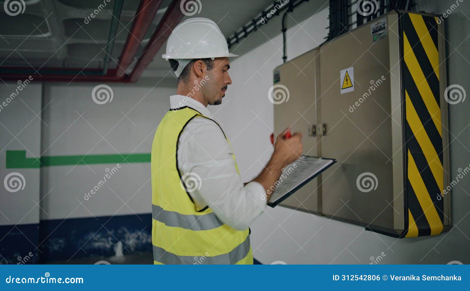 Uniform Electrician Checking Panel Making Notes at Underground Place ...