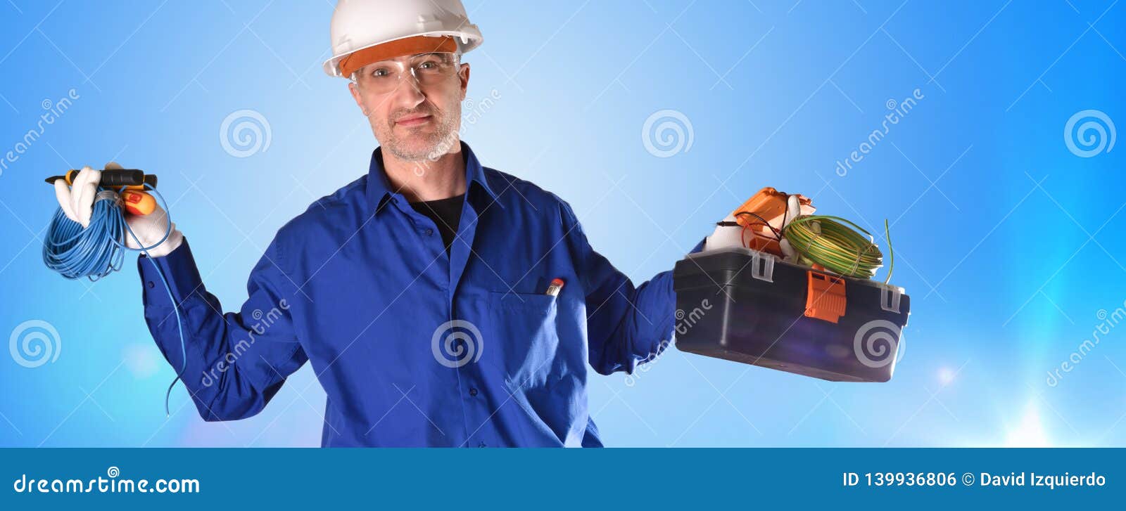 Uniformed Electrician with Safety Protections and Work Tools with ...
