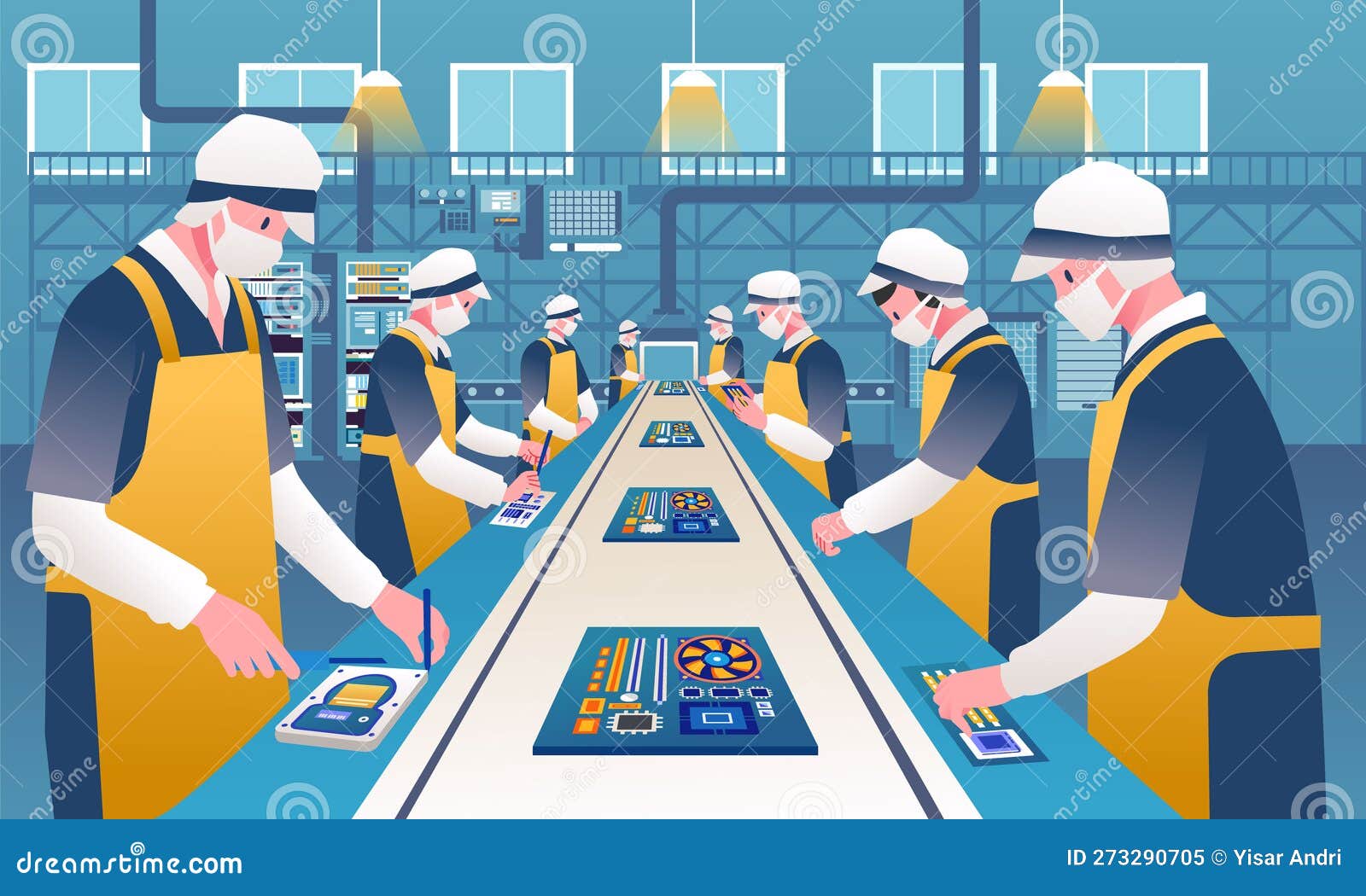 Uniformed Workers Line Up Assembling Circuit Computer Board on Conveyor ...