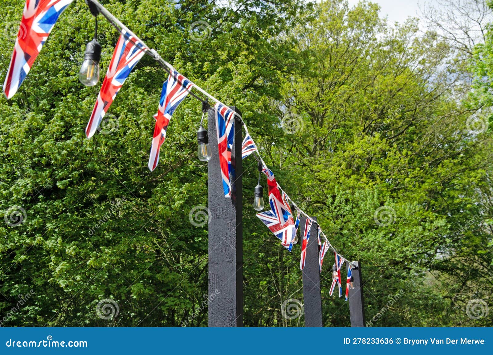 Union Flags Bunting Outdoors with Trees Stock Photo - Image of white ...