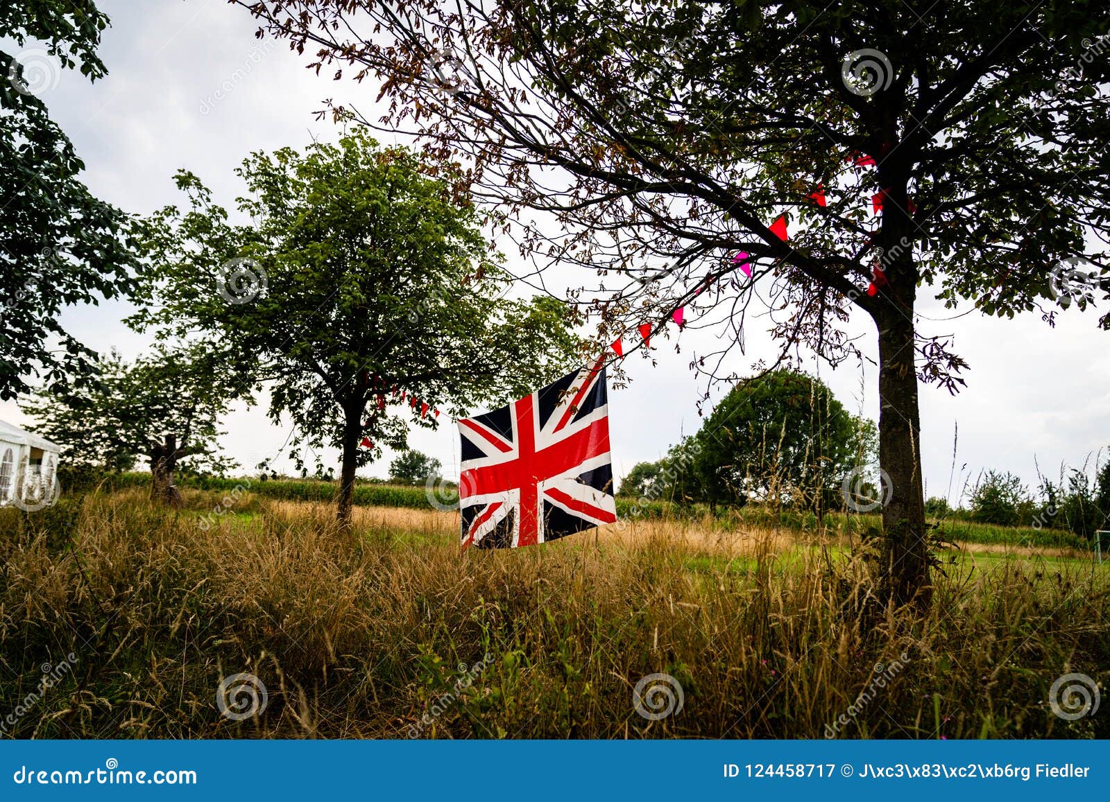 Union Jack Flag Stretched between Trees Stock Image - Image of ...