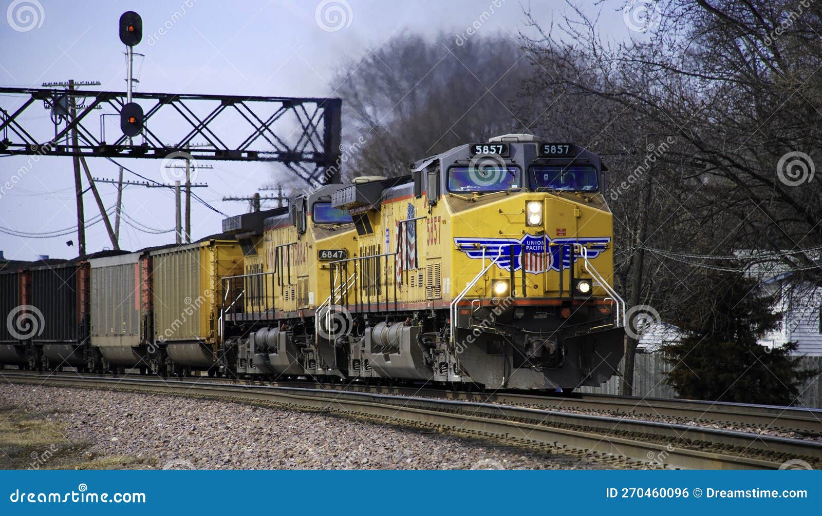 Union Pacific Double Header Pulls a Coal Train Under the Signal Bridge ...