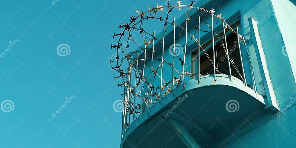 Unique Architectural Feature with Blue Facade and Decorative Railing ...