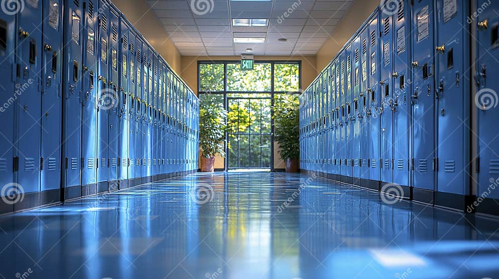 Unique Blue School Hallway with Lockers Stock Illustration ...