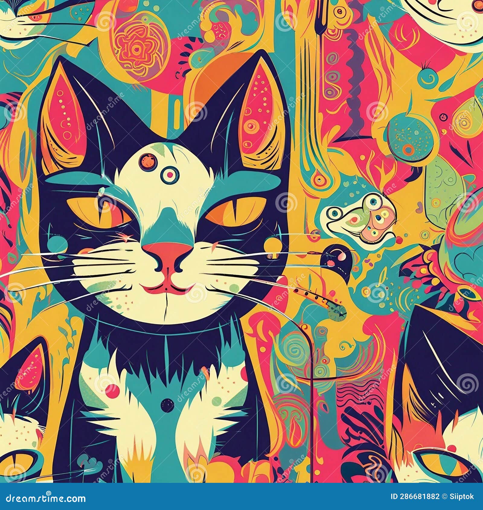 Colorful Cute Cat Art Illustration Stock Illustration Illustration Of