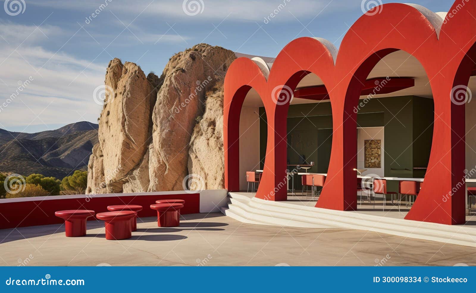Unique Desert Restaurant with Red Structure and Graphic Rock-inspired ...