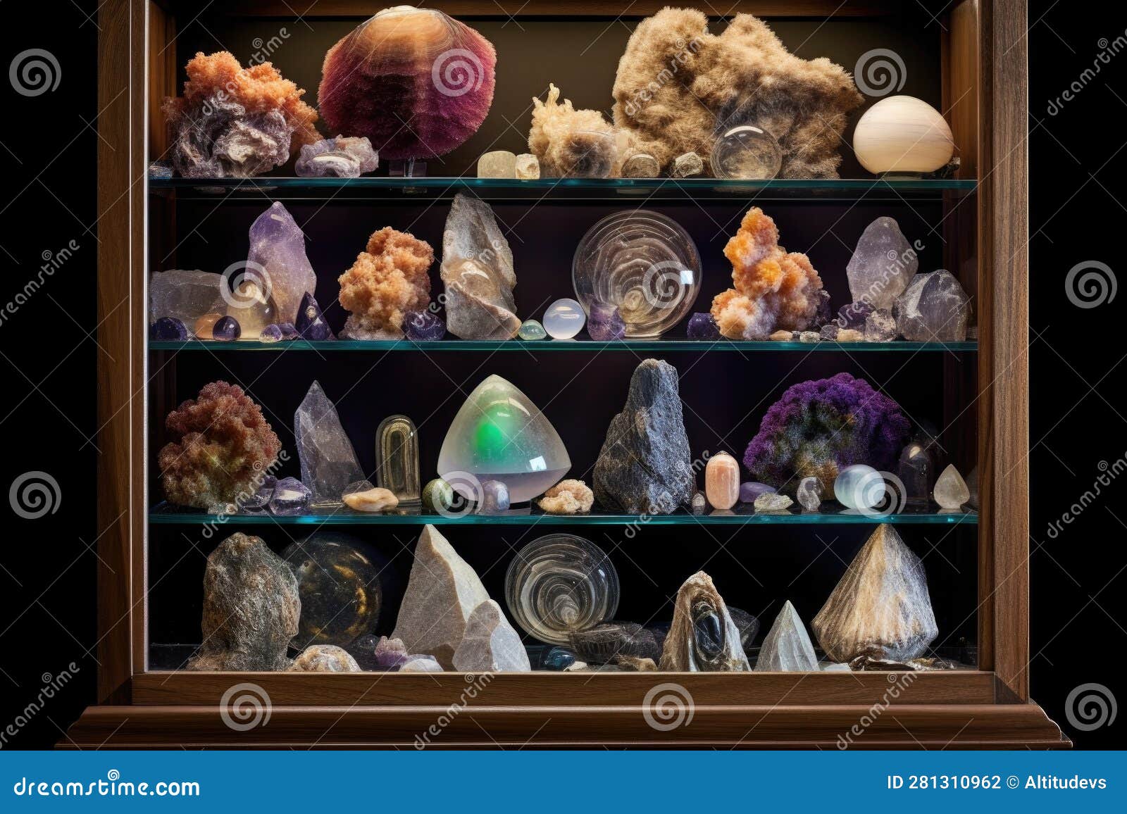 Unique Gemstones and Minerals in a Display Case Stock Photo - Image of ...