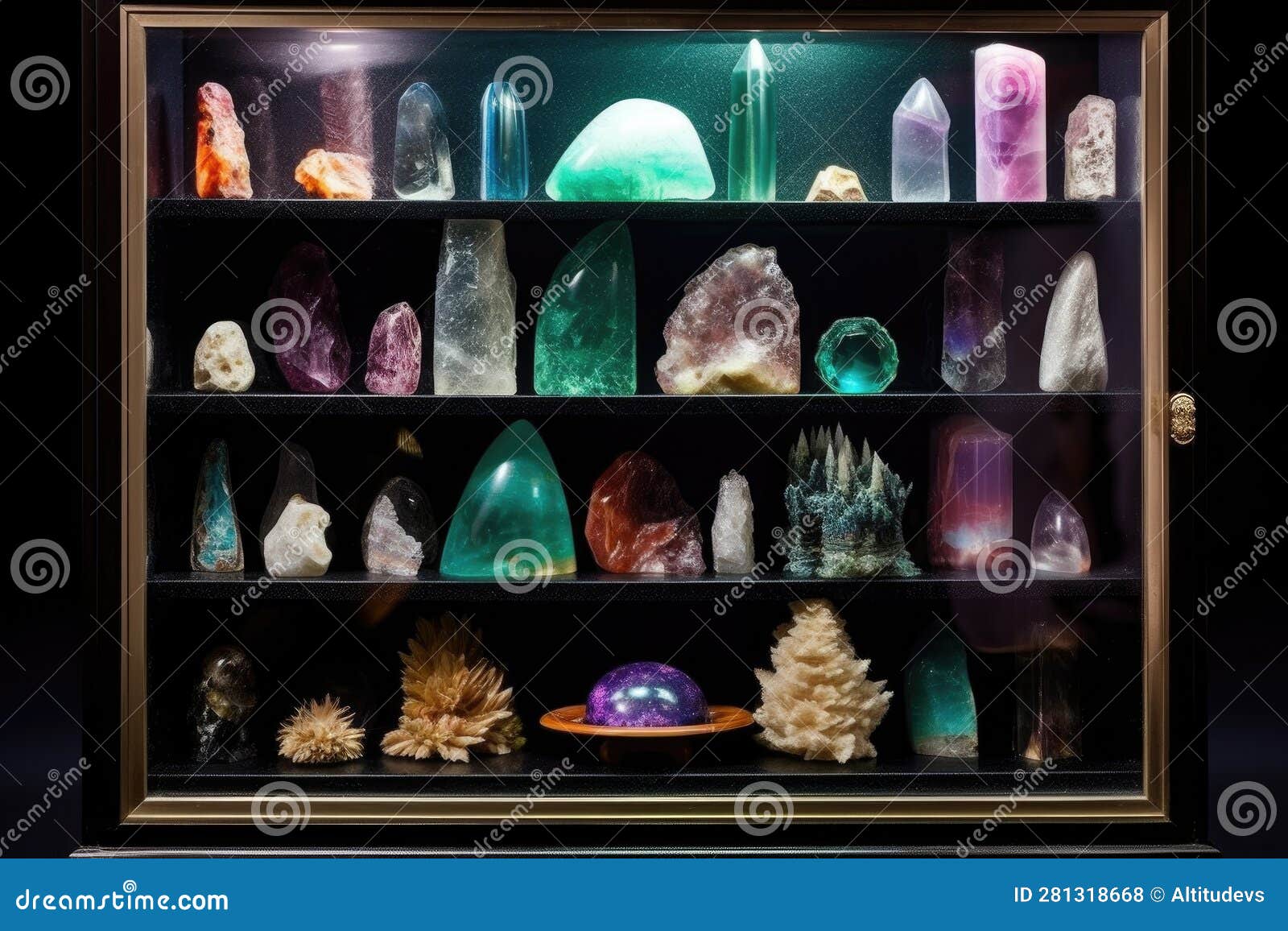 Unique Gemstones and Minerals in a Display Case Stock Illustration ...