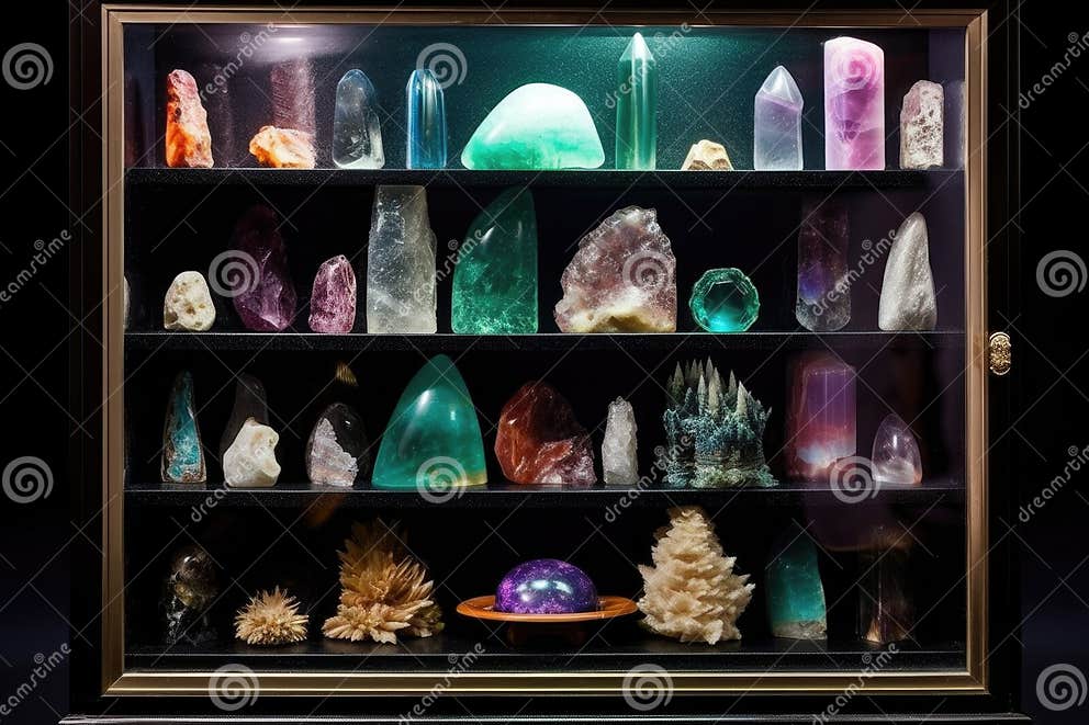 Unique Gemstones and Minerals in a Display Case Stock Illustration ...