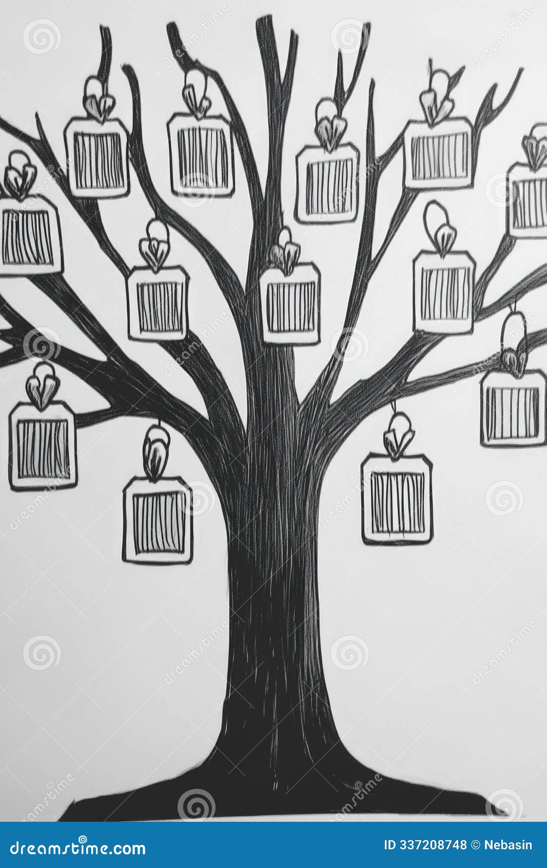 Unique Gift Tree Concept: Presents Hanging on Tree Branches Hand-drawn ...