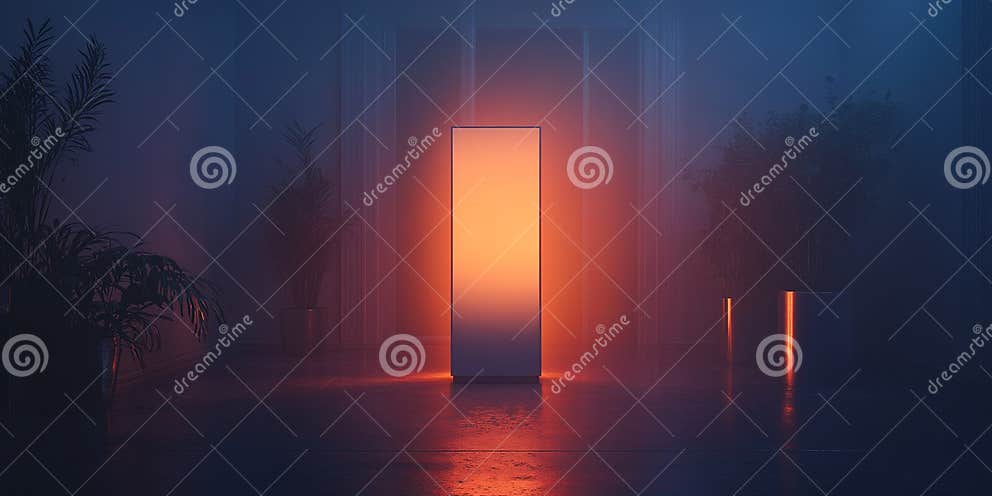 Unique Illuminated Rectangular Structure in a Misty Space with Plants ...