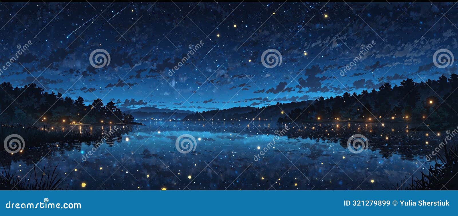 Beautiful Anime-style Illustration of Glowing Fireflies Over a Lake at ...