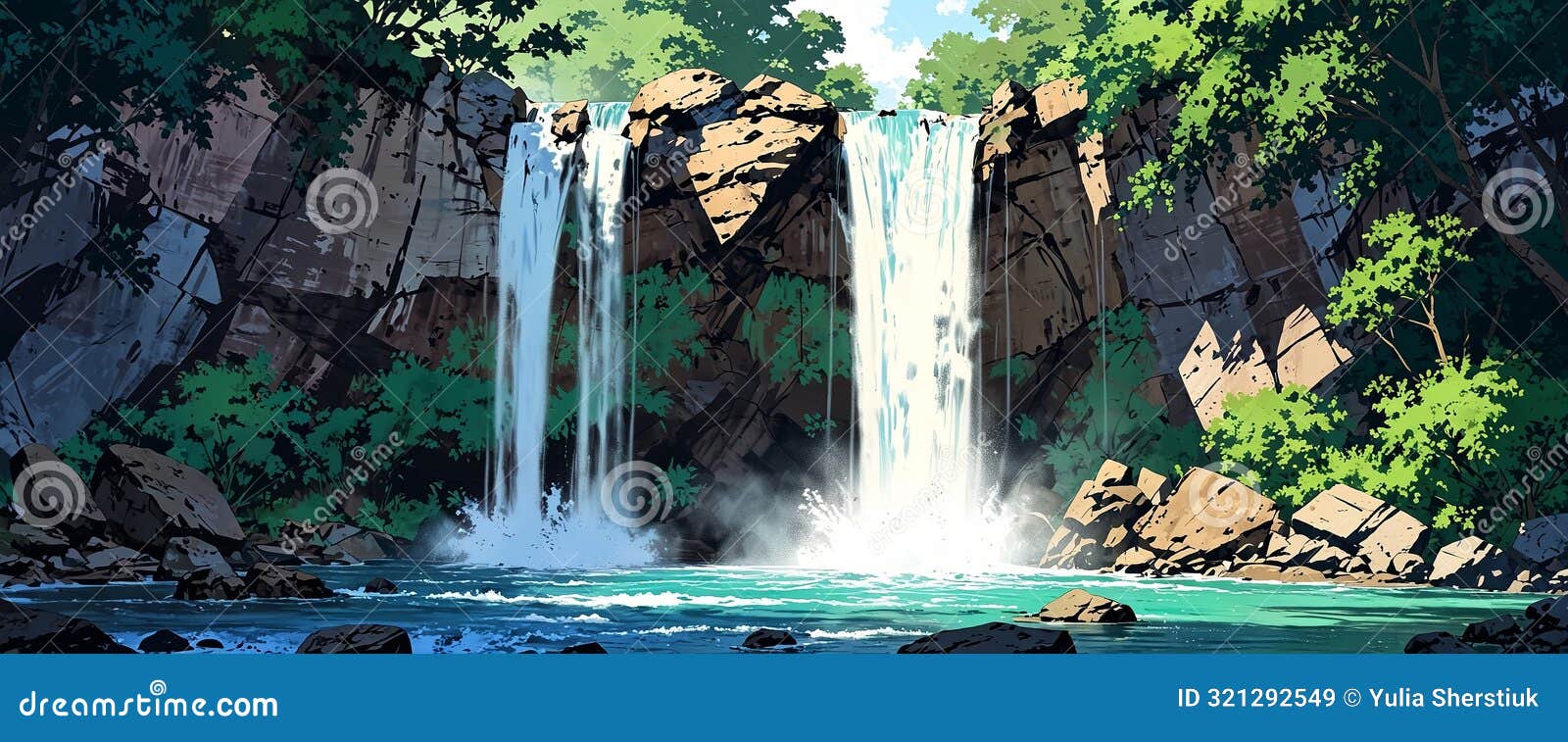 Beautiul Anime-style Illustration Of A Hidden Waterfall. Anime Style ...