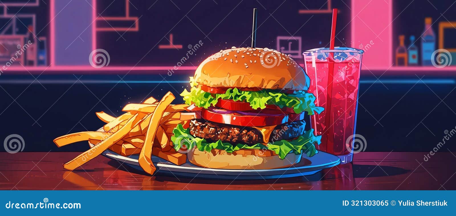 A Delicious Burger, Fries, and Soda in Retro Anime Style with Neon ...