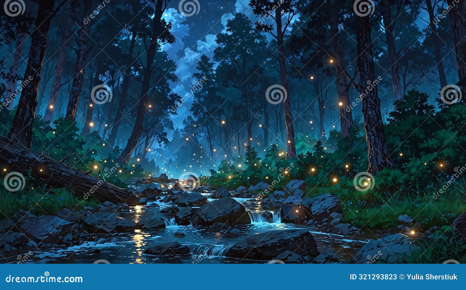 Moonlit Forest with Fireflies, a Flowing Stream, and Tall Trees. 2d ...