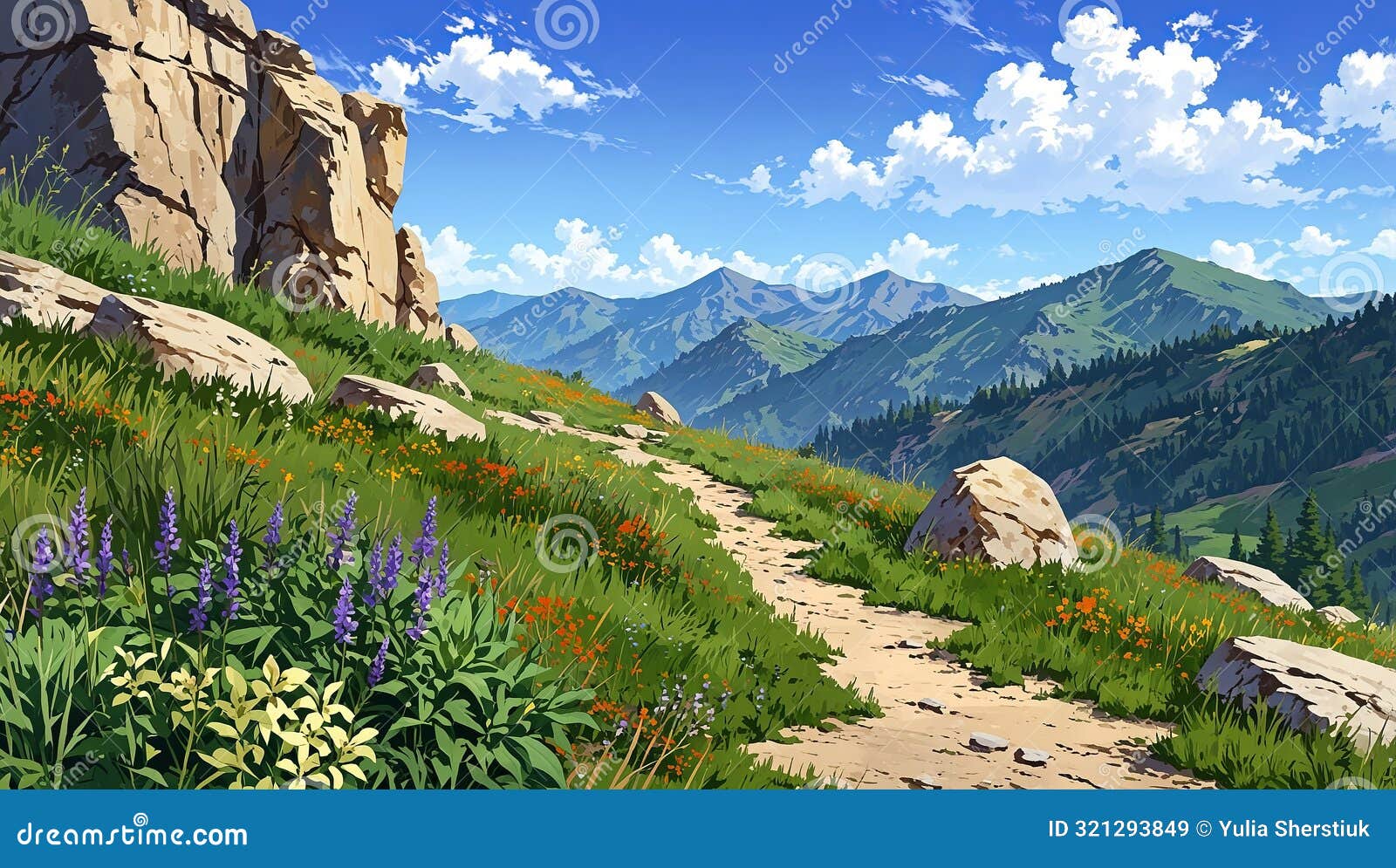 Mountain Hiking Trail with Scenic Viewpoints and Wildflowers. 2d Style ...