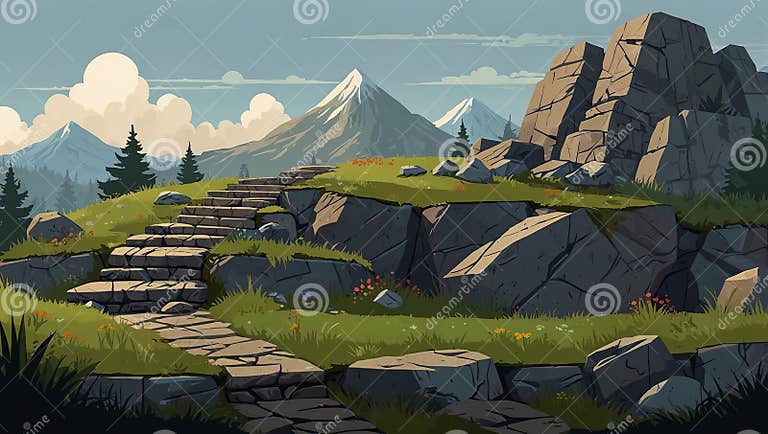 Mountain Paths with Rocky Steps and Grass for 2D Level Builders. 2d ...