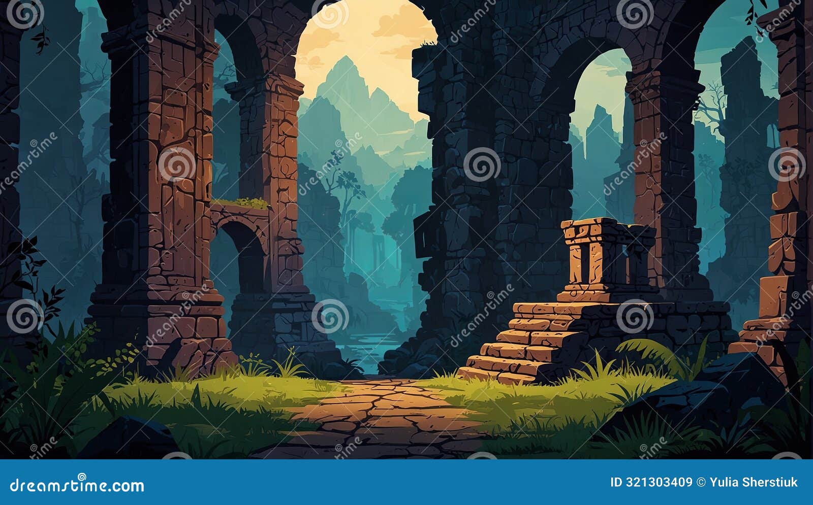 Mystic Ruins Landscape, Seamless Ancient Background with Layers for ...