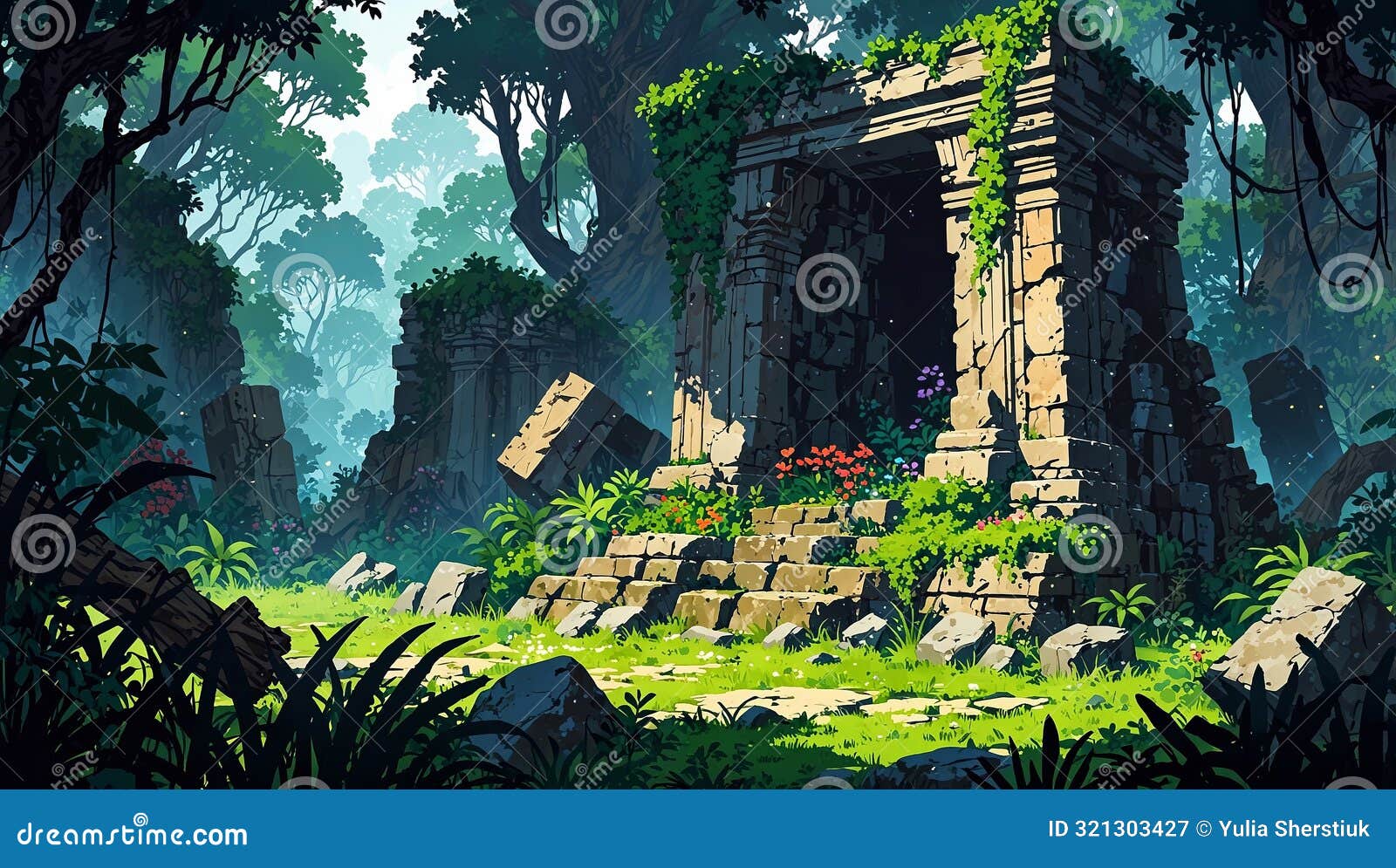 Mystical 2D Ruins in a Jungle with Overgrown Vegetation and Hidden ...