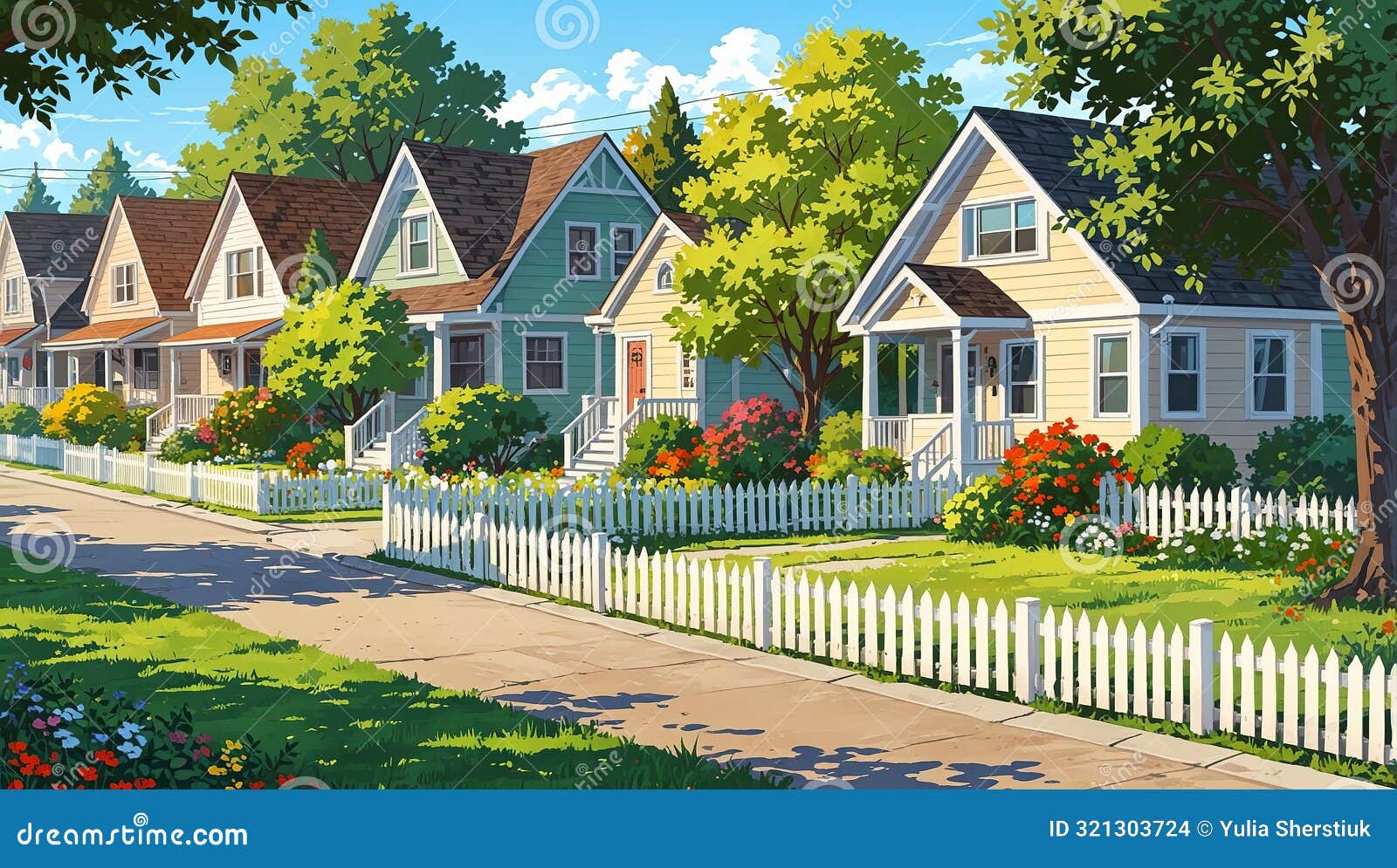 Nostalgic 2D Suburban Neighborhood with Picket Fences and Blooming ...