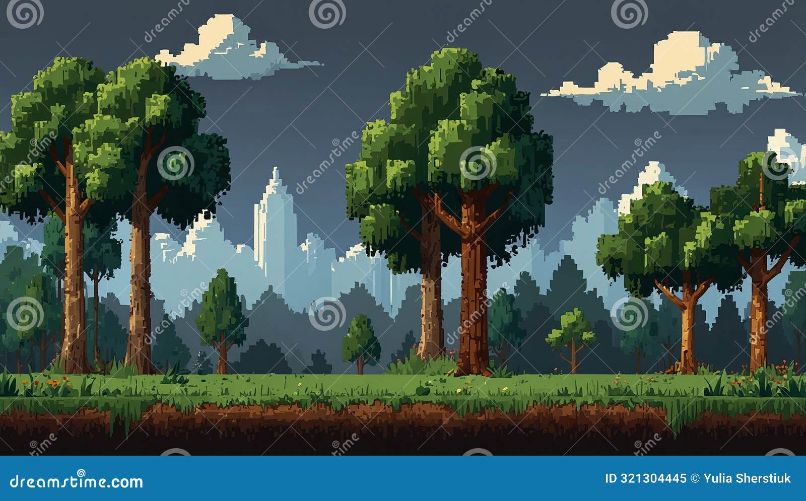 Pixel Art Arcade Game Scene with Trees, Clouds and 8bit Wooden Board ...