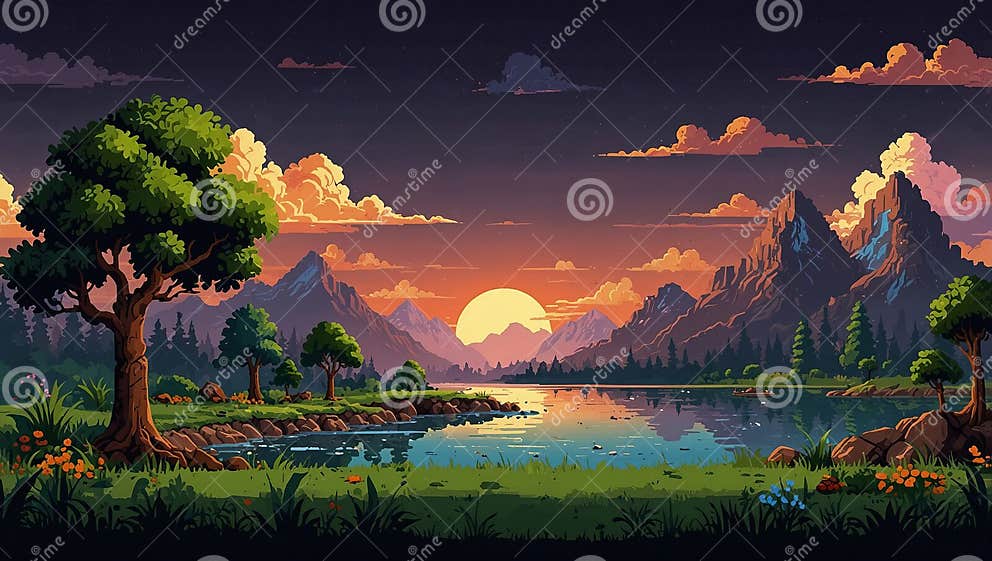 Pixel Art 8bit Game Home Screen Landscape Start Game Background. 2d ...