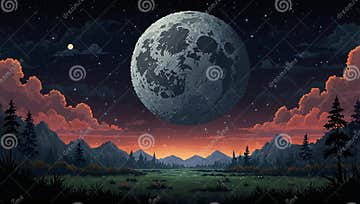 Pixel Art Game Background with Big Moon at Night. 2d Style Stock Image ...