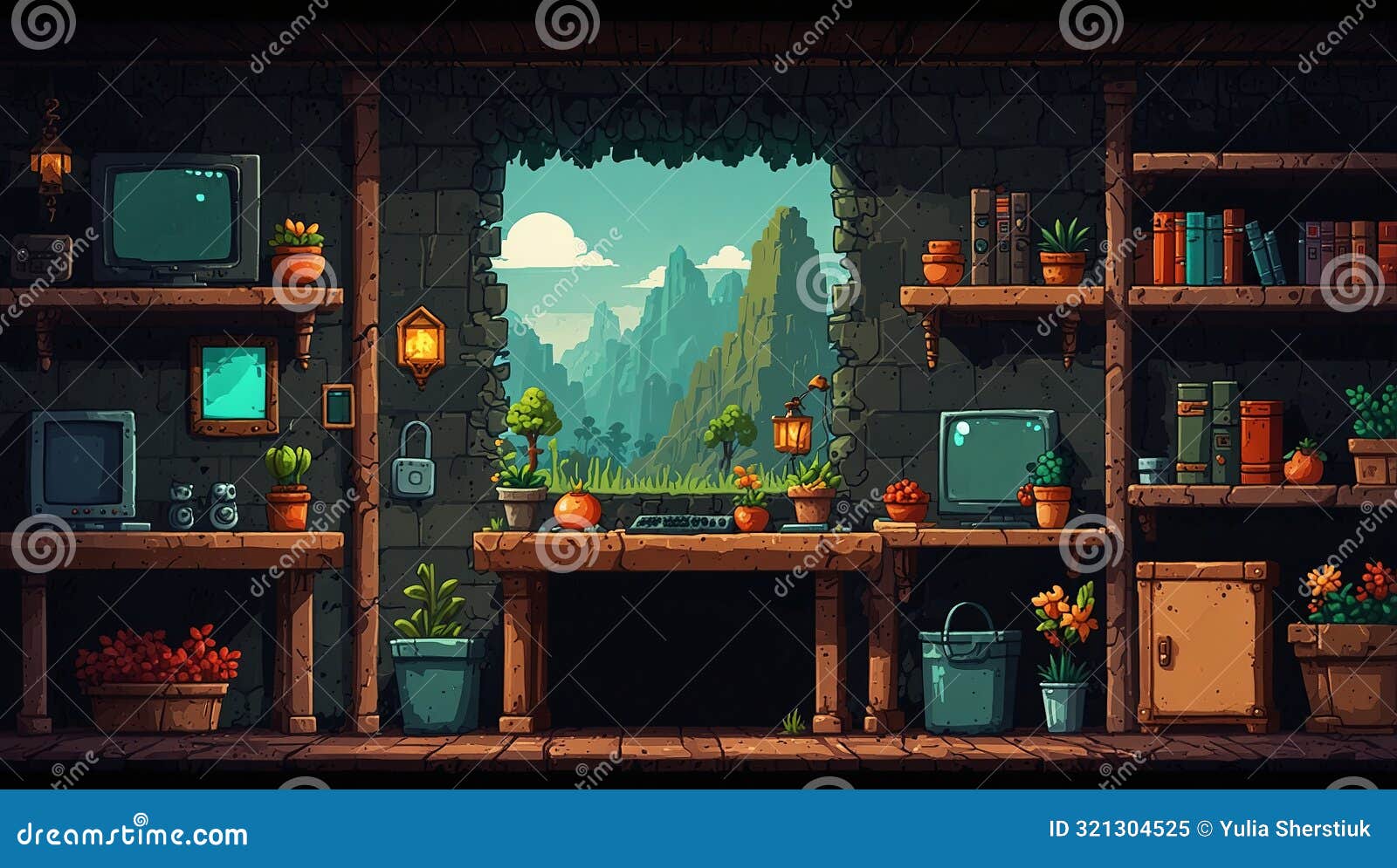 Pixel Art Game Background Computer Game Screen with Bonus Items. 2d ...