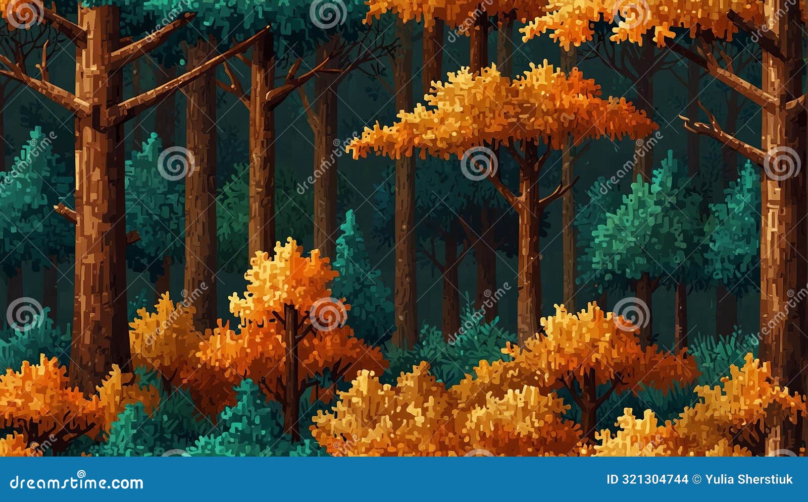 Pixel Art Seamless Autumn Forest Background with Falling Leaves. 2d ...