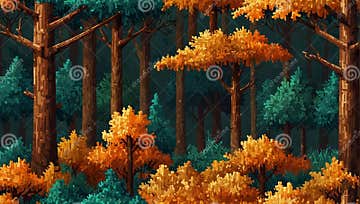 Pixel Art Seamless Autumn Forest Background with Falling Leaves. 2d ...
