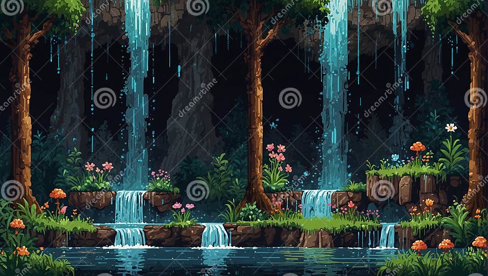 Pixel Art Seamless Enchanted Waterfall Background with Magical ...
