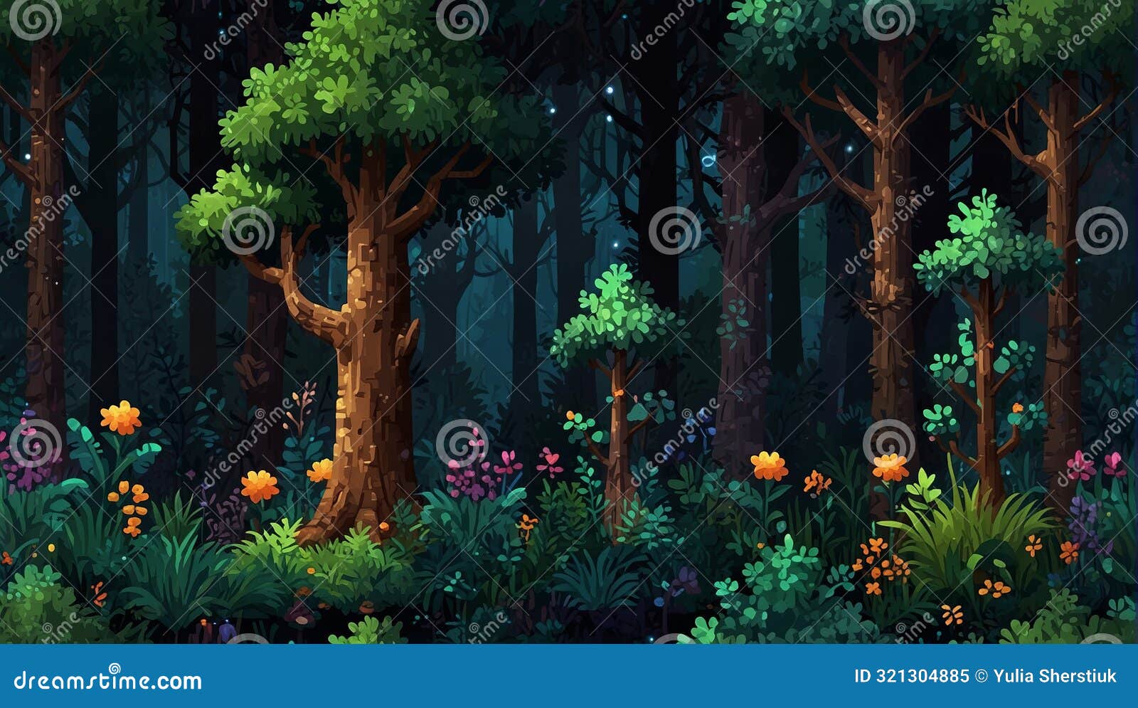 Pixel Art Seamless Magical Forest Background with Glowing Plants. 2d ...