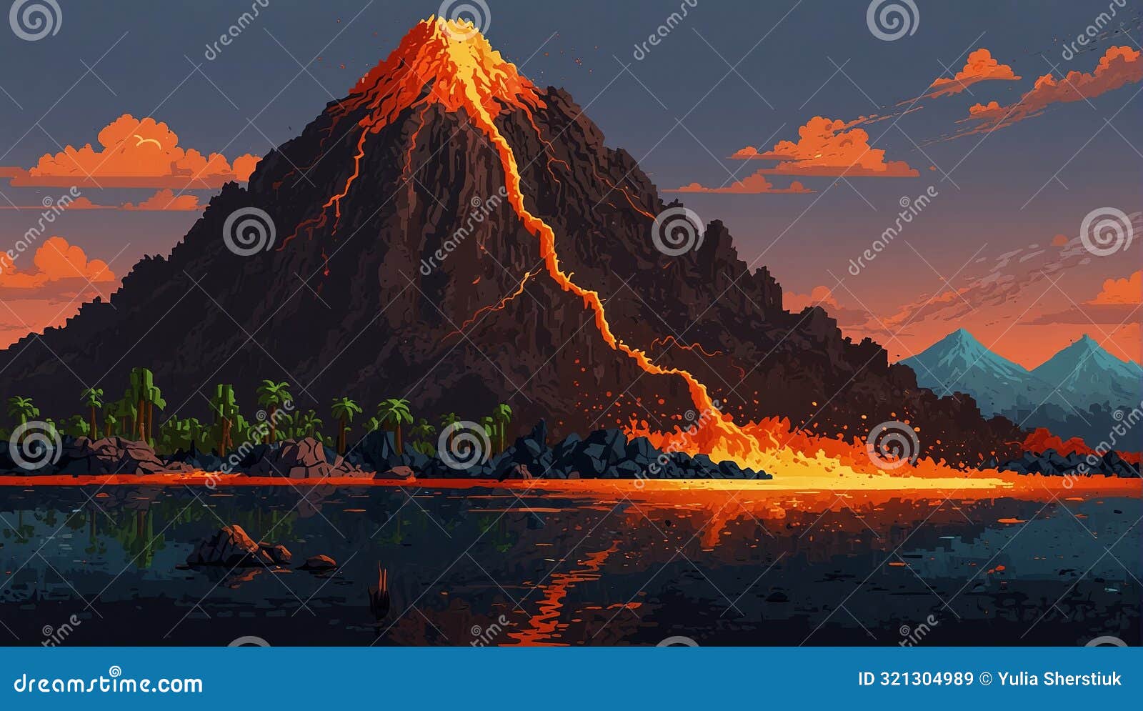Pixel Art Seamless Volcano Island Background with Lava Flows. 2d Style ...