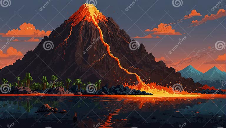Pixel Art Seamless Volcano Island Background with Lava Flows. 2d Style ...