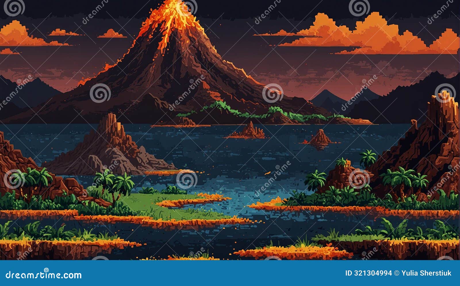 Pixel Art Seamless Volcano Island Background with Lava Flows. 2d Style ...