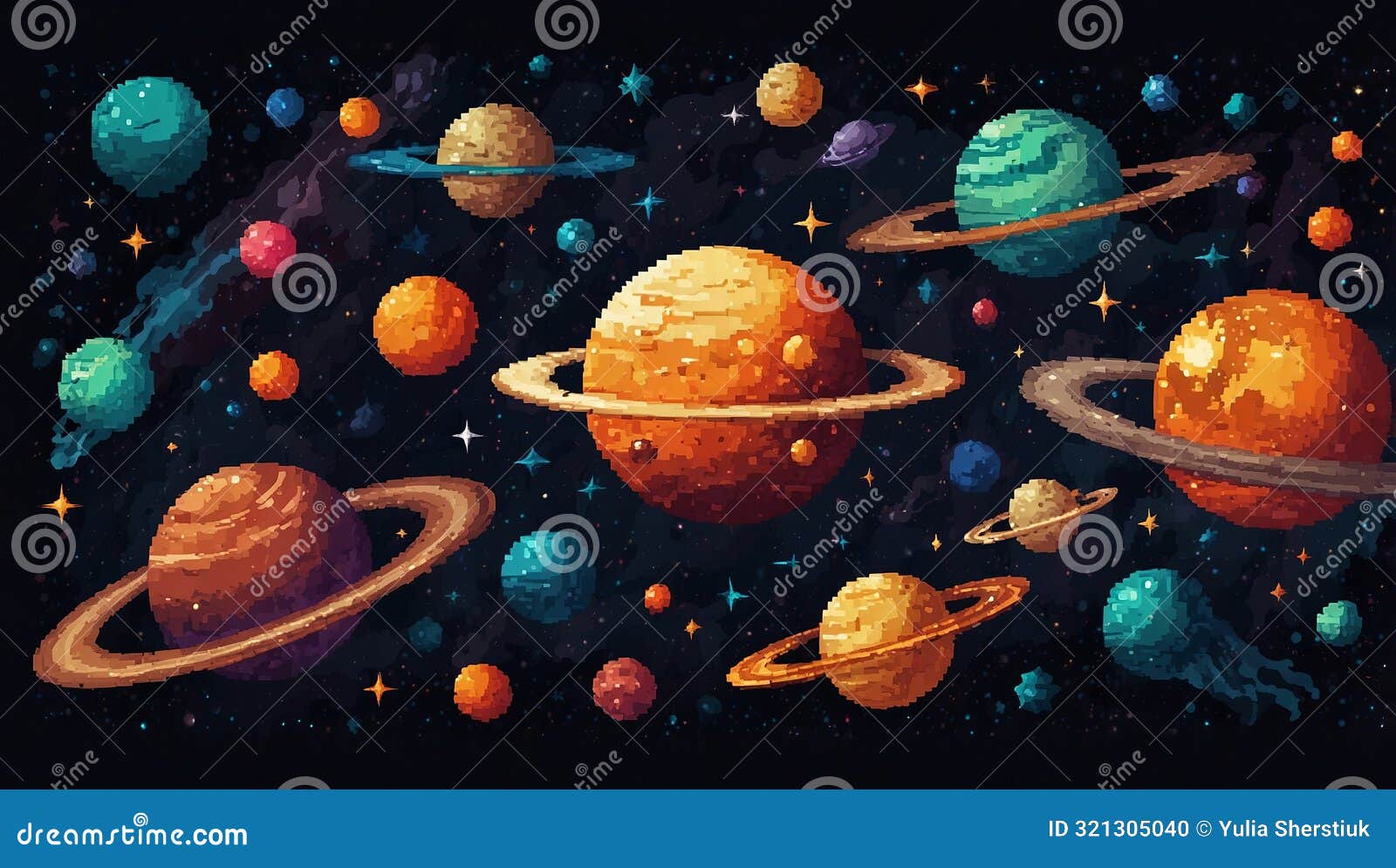 Planets and Nebula Background in Pixel Art Style. 2d Style Stock Photo ...